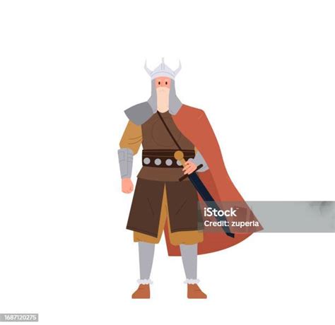 뿔이 달린 헬멧 갑옷 망토를 무기로 착용한 정통 북유럽 야만인 바이킹 만화 캐릭터 야만인에 대한 스톡 벡터 아트 및 기타 이미지 야만인 검 고대의 Istock