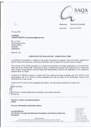 Saqa Certificate Of Evaluation Compressed PDF