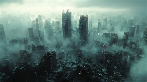 Aerial View Of A Sprawling Dystopian Cityscape With Towering