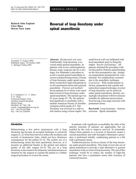 Pdf Reversal Of Loop Ileostomy Under Spinal Anaesthesia