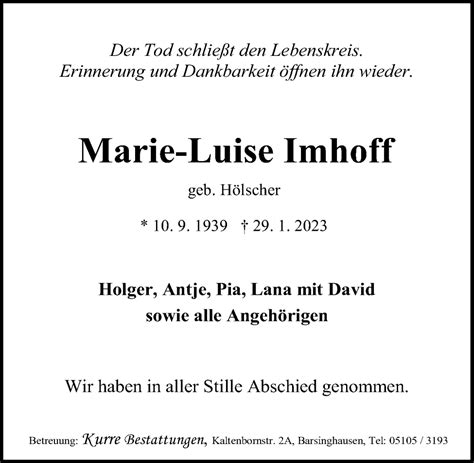 Traueranzeigen Von Marie Luise Imhoff Trauer Anzeigen De
