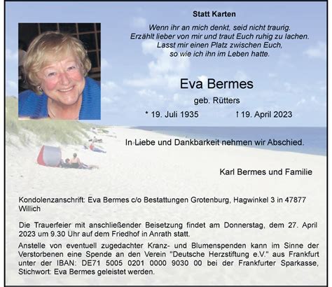 Alle Traueranzeigen Für Eva Bermes Trauerrp Onlinede