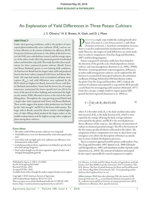 Pdf An Explanation Of Yield Differences In Three Potato Cultivars