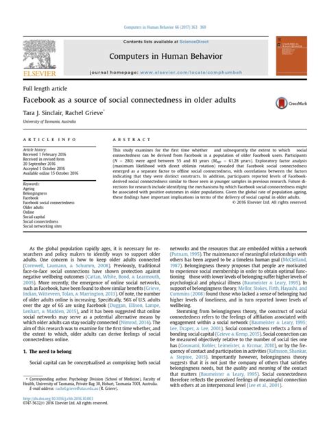 Facebook As A Source Of Social Connectedness In Older Adults Pdf Social Networking Service