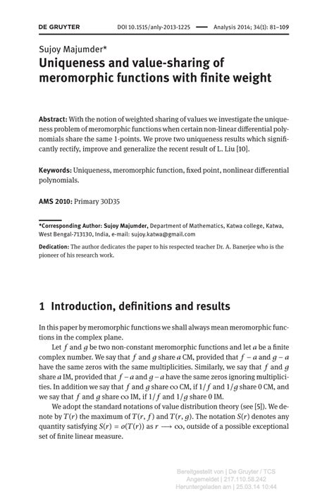 Pdf Uniqueness And Value Sharing Of Meromorphic Functions With Finite