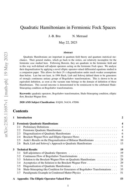 Pdf Quadratic Hamiltonians In Fermionic Fock Spaces
