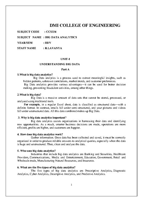 CCS Big Data Analytics DMI COLLEGE OF ENGINEERING SUBJECT CODE CCS SUBJECT NAME BIG