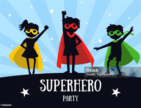 슈퍼 히어로 파티 배너 슈퍼 히어로의 귀여운 아이 들 의상과 마스크 생일 초대장 랜딩 페이지 템플릿 벡터 일러스트 슈퍼히어로에 대한 스톡 벡터 아트 및 기타 이미지 Istock
