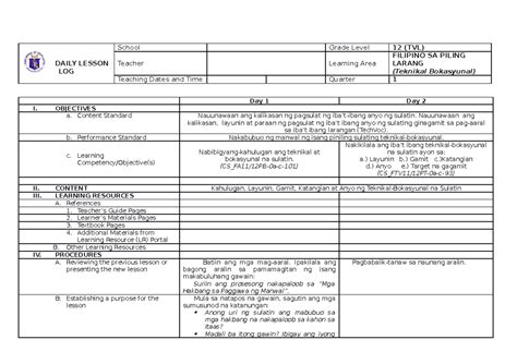 Fil Tek Bok Q1 Wk1 Copy Copy Daily Lesson Log School Grade Level