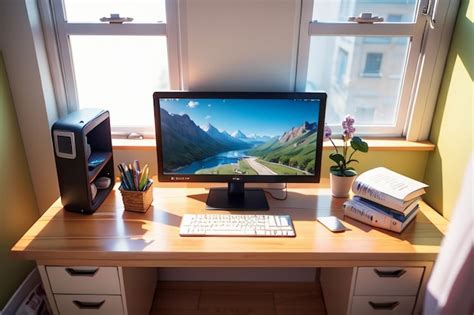 Premium AI Image Office Conference Table Computer Desk Work Area Intimate Interior Space For