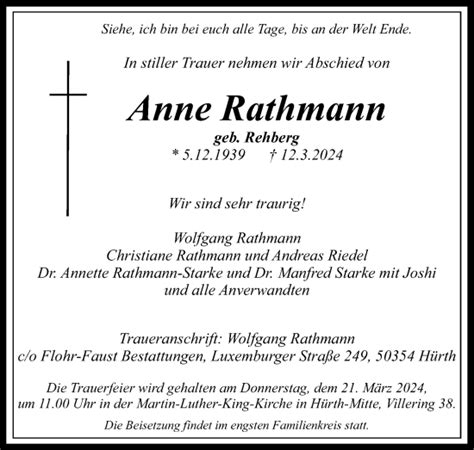 Traueranzeigen Von Anne Rathmann Wirtrauern