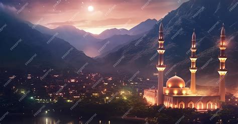 Premium Ai Image Magnificent Mosque Night View Background With Copy Space