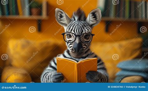 Zebra Reading A Book With Glasses On A Cozy Couch Quirky And