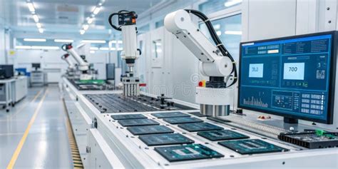 Robotics In A High Tech Manufacturing Facility Working On Electronic Circuit Boards In A Clean