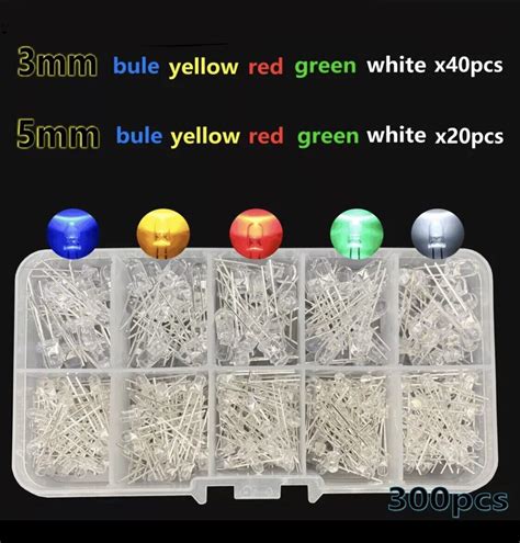 300pcs 3mm And 5mm Led Diodes Clear Assorted Blue Red Yellow Green White