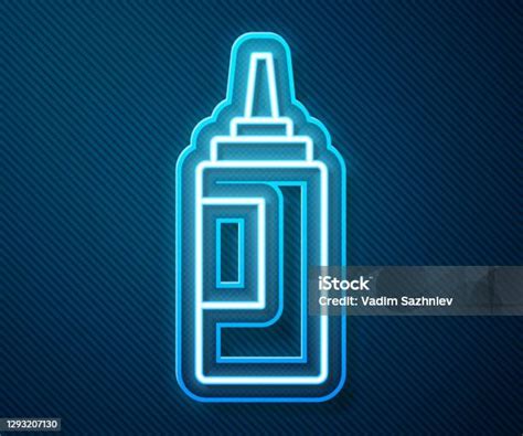 파란색 배경에 고립 된 빛나는 네온 라인 소스 병 아이콘 케첩 겨자 마요네즈 병에 소스를 얹고 패스트푸드를 먹습니다 벡터 겨자에 대한 스톡 벡터 아트 및 기타 이미지