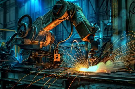 Industrial Welding Robots Futuristic Machines In Production Line Manufacturer Factory Welding
