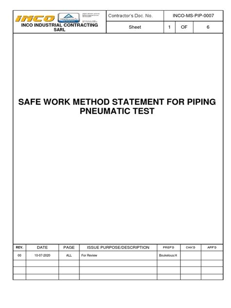 Inco Ms Pip 0007 Safe Work Method Statement For Piping Pneumatic Test Pdf Pipe Fluid