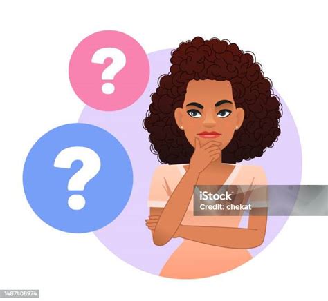흑인 소녀에게 질문이 있습니다 사려 깊은 초상화 곱슬머리를 한 아프리카 소녀 질문 거품에 둘러싸인 여자 똑똑하고 생각하는 여성 문제 해결 개념에 대한 스톡 벡터 아트 및
