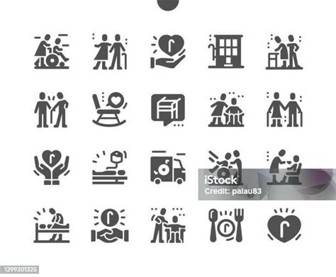 노인 서비스 지원 장애에 대한 지원 연금 수령자 노인 클리닉 및 장애인 건강 관리 의료 및 의학 벡터 솔리드 아이콘 간단한 픽토그램 가득 찬에 대한 스톡 벡터 아트 및 기타