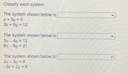 Solved: Classify each system. The system shown below is f(-1|,4) v x+3y=4 3x+9y=12 The system s ...