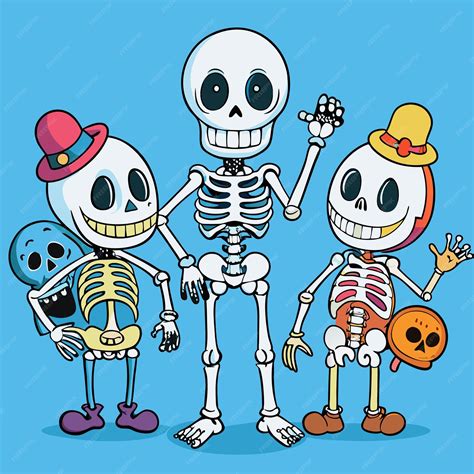 Three Cartoon Skeletons In Various Poses On A Blue Background Premium