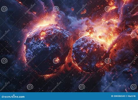 Generative Ai Image Of Fiery Meteor Rocks With Dangerous Explosion In Outer Space Stock