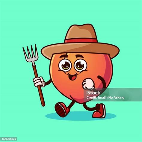 피치 포크 귀여운 복숭아 과일 농부 캐릭터 과일 문자 아이콘 개념 격리 플랫 만화 스타일 프리미엄 벡터 1990 1999 년에