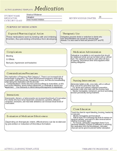 Ati Med Direct Thrombin Inhibitors Student Name Medication Review