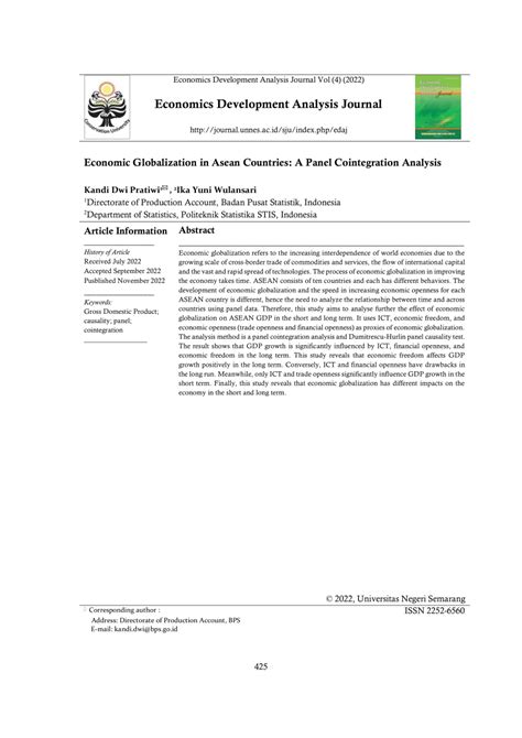 Pdf Economic Globalization In Asean Countries A Panel Cointegration Analysis