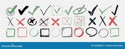 Doodle Chalk Pencil Check Marks Charcoal Checklist Icons And Crayon Tick And Cross Signs Stock