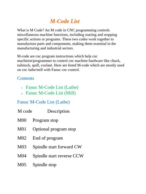 Fanuc M Code List Milling And Lathe Pdf