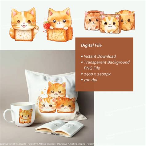 Kawaii Cat Toast Watercolor Clipart Set Whisker Wonders Toasty Paws