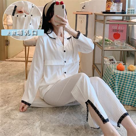 감금 잠옷 봄과 가을 임신 한 여성의 흰색 긴팔 얼음 실크 산후 간호 Homewear 여성 잠옷 And 홈웨어