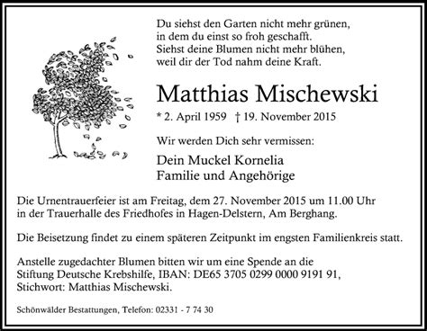 Traueranzeigen Von Matthias Mischewski Trauer In Nrwde