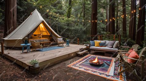 A Cozy Glamping Setup With A Bell Tent Fire Pit And Furniture