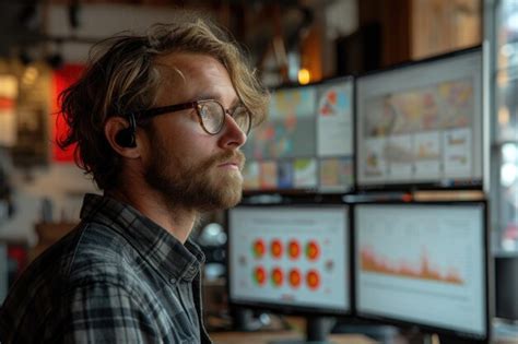 Premium Photo Marketer Analyzing Data On Multiple Monitors In The Office