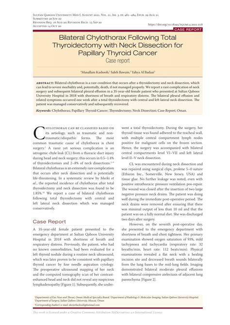 Pdf Bilateral Chylothorax Following Total Thyroidectomy With Neck
