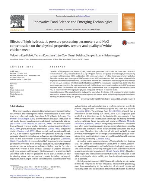 Pdf Effects Of High Hydrostatic Pressure Processing Parameters And Nacl Concentration On The