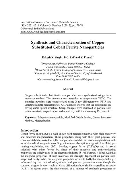 Pdf Synthesis And Characterization Of Copper Substituted Cobalt Ferrite Nanoparticles