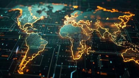 Futuristic Technology World Map With Glowing Lights Global Communication And Connection Concept