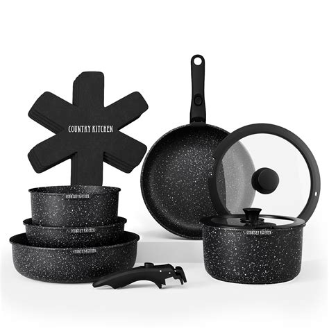 Country Kitchen Cookware Set With Removable Handle Oven And Rv Safe Pots And Pans Set Black