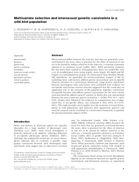 Pdf Multivariate Selection And Intersexual Genetic Constraints In A