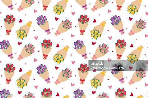 화려한 튤립과 하트의 꽃다발이 있는 완벽 한 패턴 플로럴 프린트 어머니의 날 여성의 날 생일을 위한 포장지 디자인 벡터 일러스트