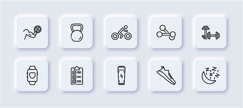 스포츠 세트 아이콘입니다 운동 선수 아령 팔뚝 운동 케틀벨 자전거 바벨 피트니스 트래커 완료 목표 에너지 단백질 운동화 수면 건강한 라이프 스타일 개념입니다 신형성 스타일