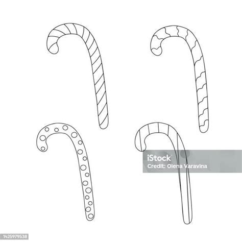 사탕 지팡이 전통적인 달콤한 크리스마스 시간 장식 축제 과자 휴일 장식 카드 초대장 색칠 공부를위한 손으로 그린 낙서 스타일의 간단한 개요 벡터 일러스트 레이 션 가지 식물