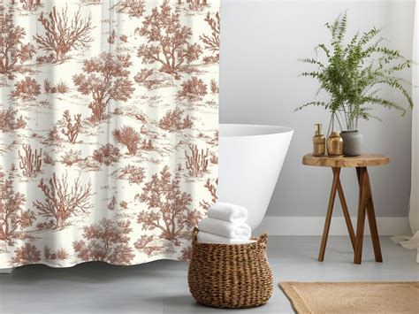 Western Toile Shower Curtain Burgundy Red Scenic Desert Cactus Botanical Modern Midwest