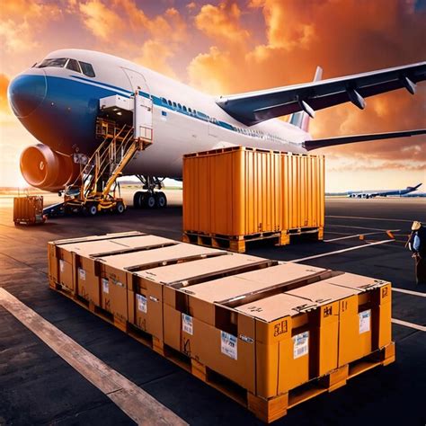 Air Freight With Cargo Containers And Boxes Next To Airplane In Airport