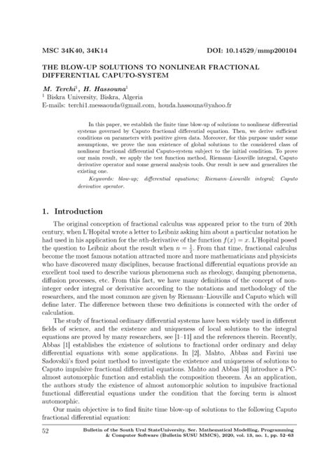 The Blow Up Solutions To Nonlinear Fractional Differential Caputo System Vestnik Susu Mmp