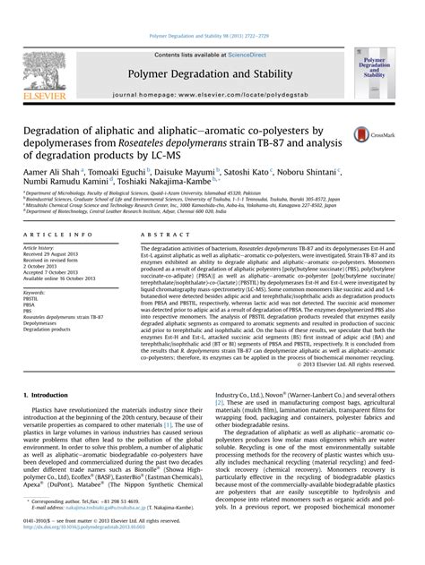 Pdf Degradation Of Aliphatic And Aliphaticaromatic Co Polyesters By Depolymerases From